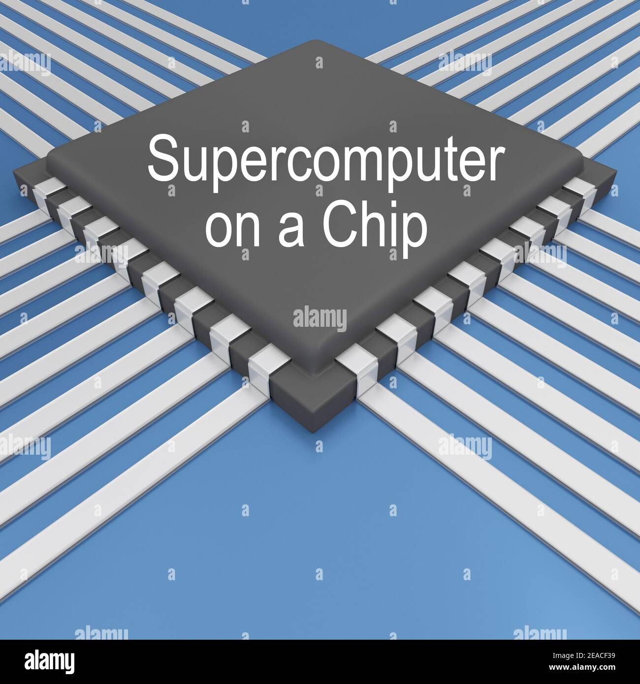 3D illustration of Supercomputer on a Chip title on a black microchip ...