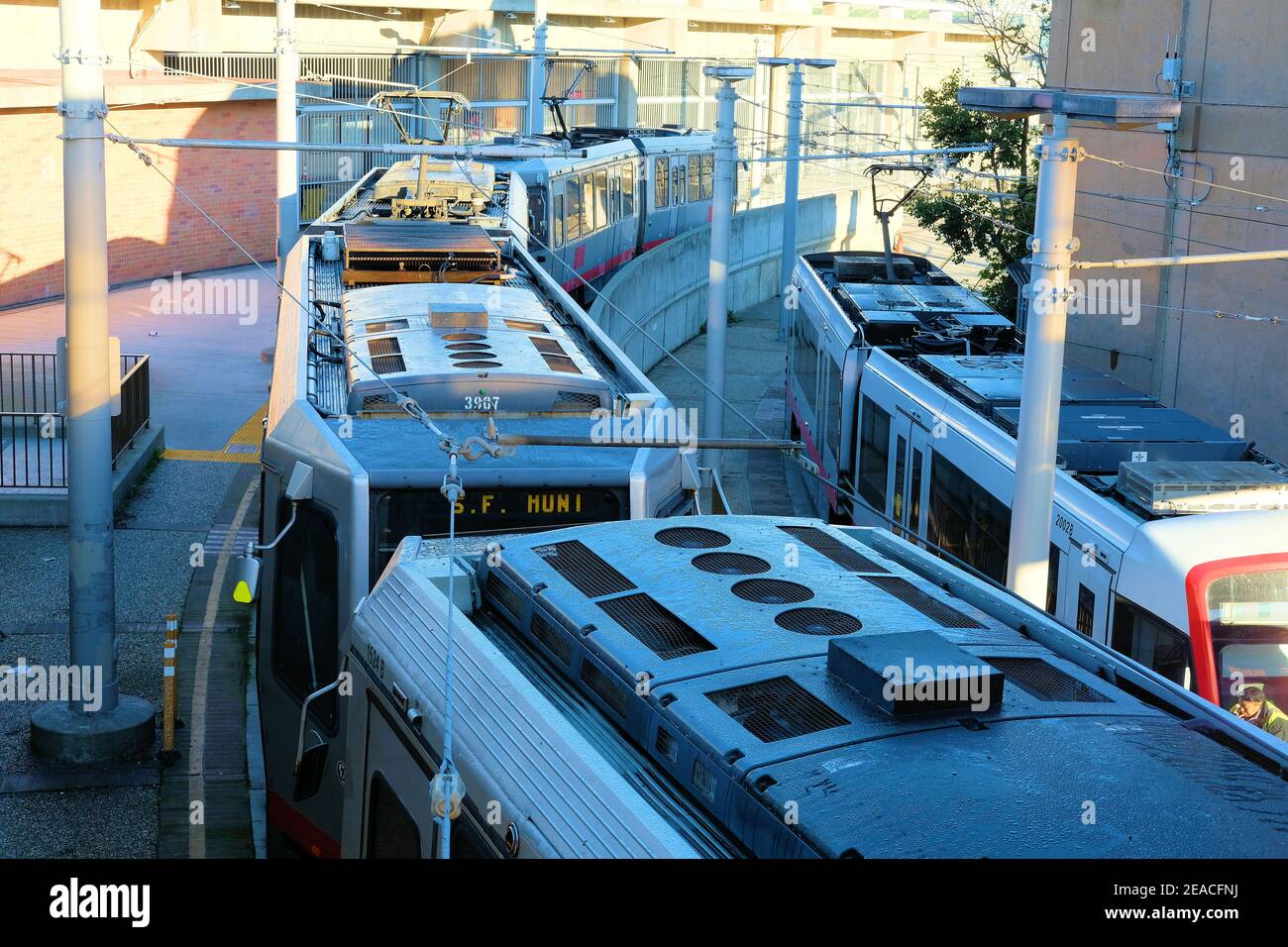 Line of empty BART trains at a metro station waiting for commuters to ...