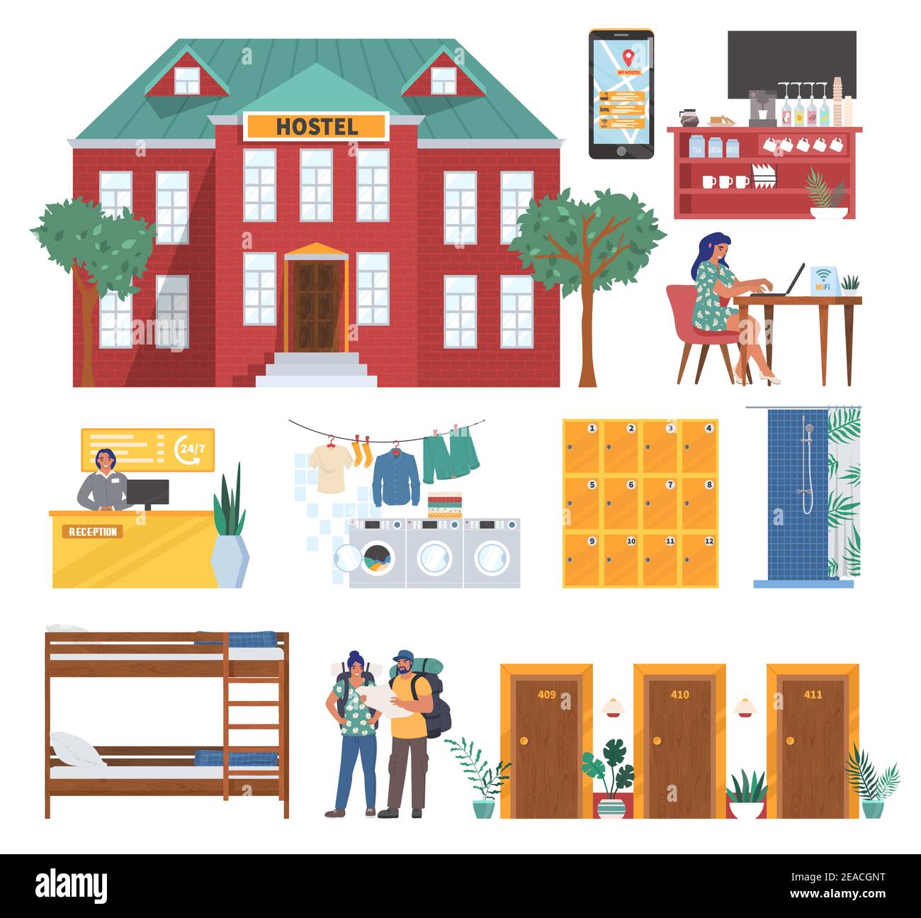 Hostel set, flat vector isolated illustration. Hostel building ...
