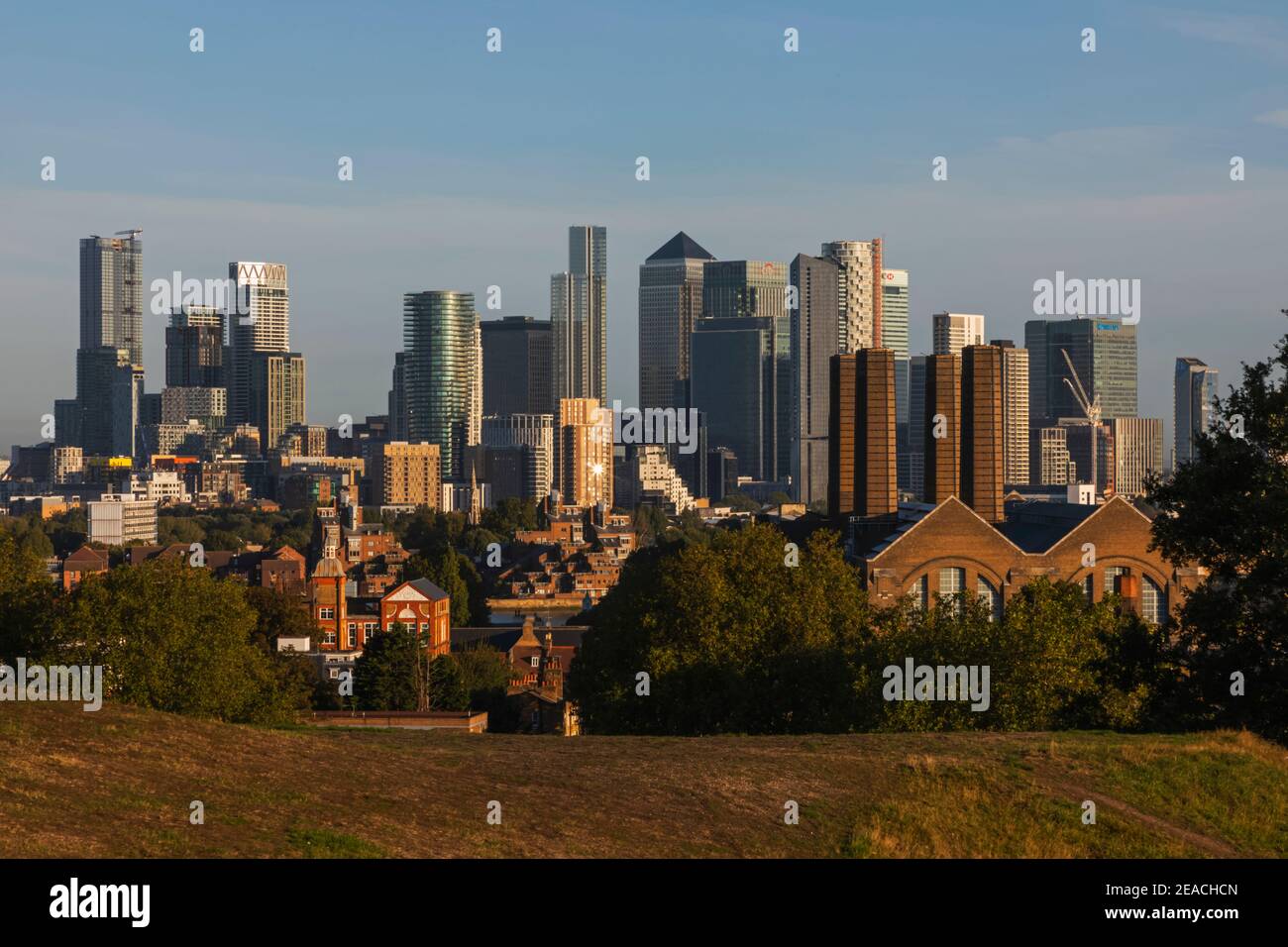 England, London, Greenwich, View of Docklands Skyline from Greenwich ...
