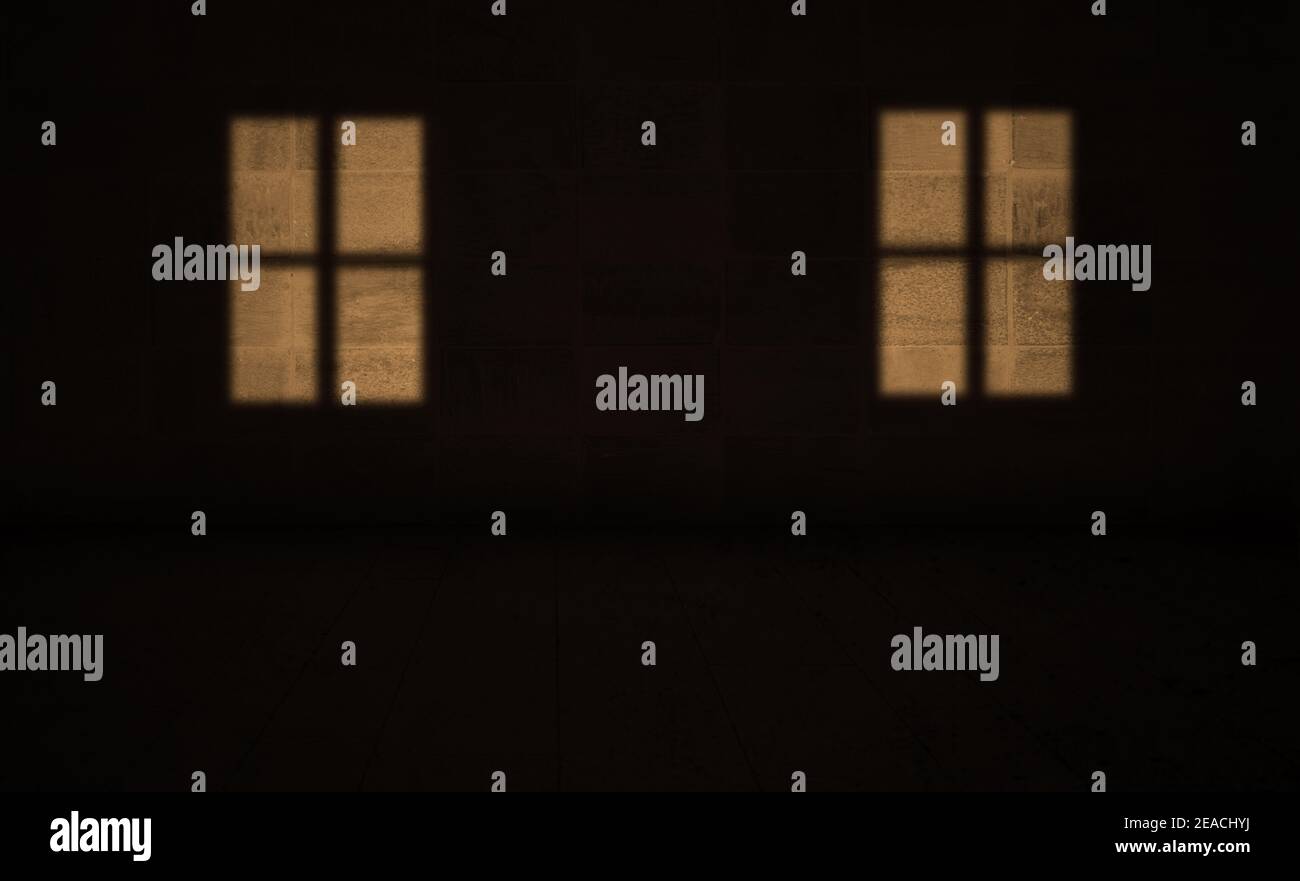Very dark Room With Two Light Windows Shadow. grungy wall vintage ...