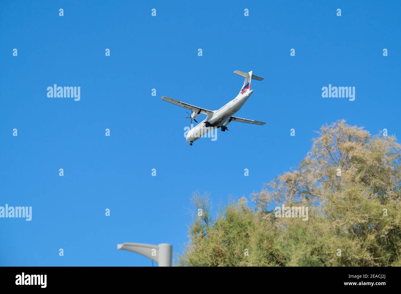 Greece Santorini, 11-09-2019. Sky Express, plane in the sky over greek ...
