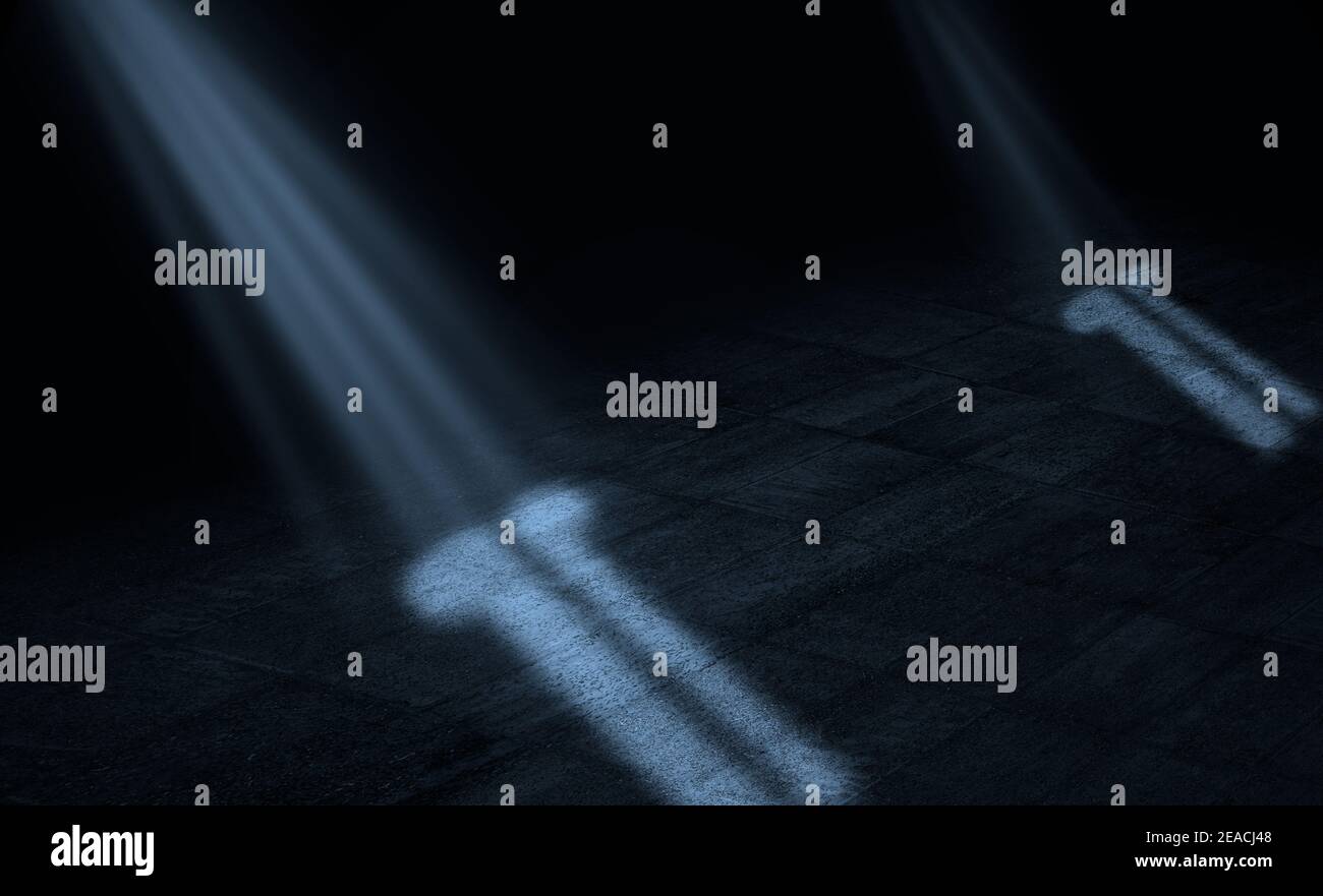 Huge dark Room with windows light shadows. Big Hall with grunge Floor ...