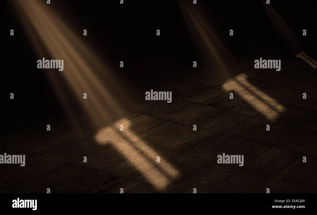 Great dark Room with windows light shadows. Big Hall with grunge Floor ...