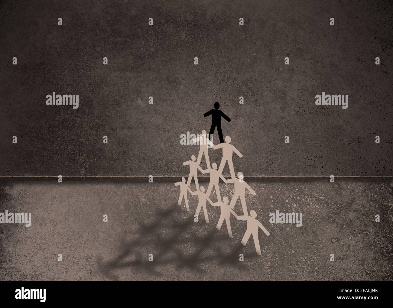 Group of paper people creating a Triangle chain in Grunge wall Big Room ...