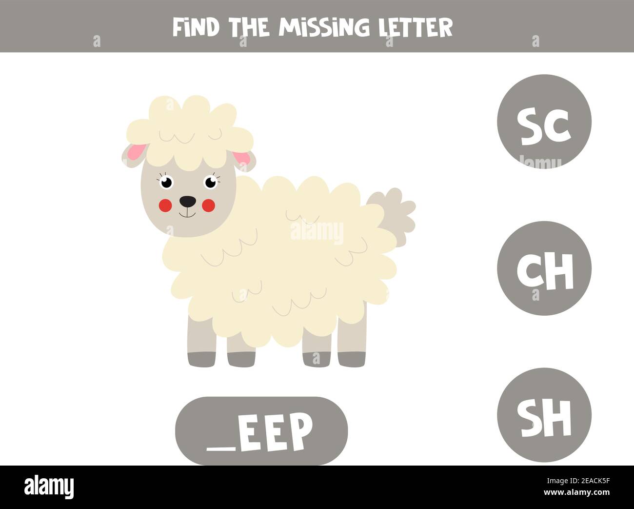 Find missing letter. Cute cartoon sheep. Educational spelling game for ...