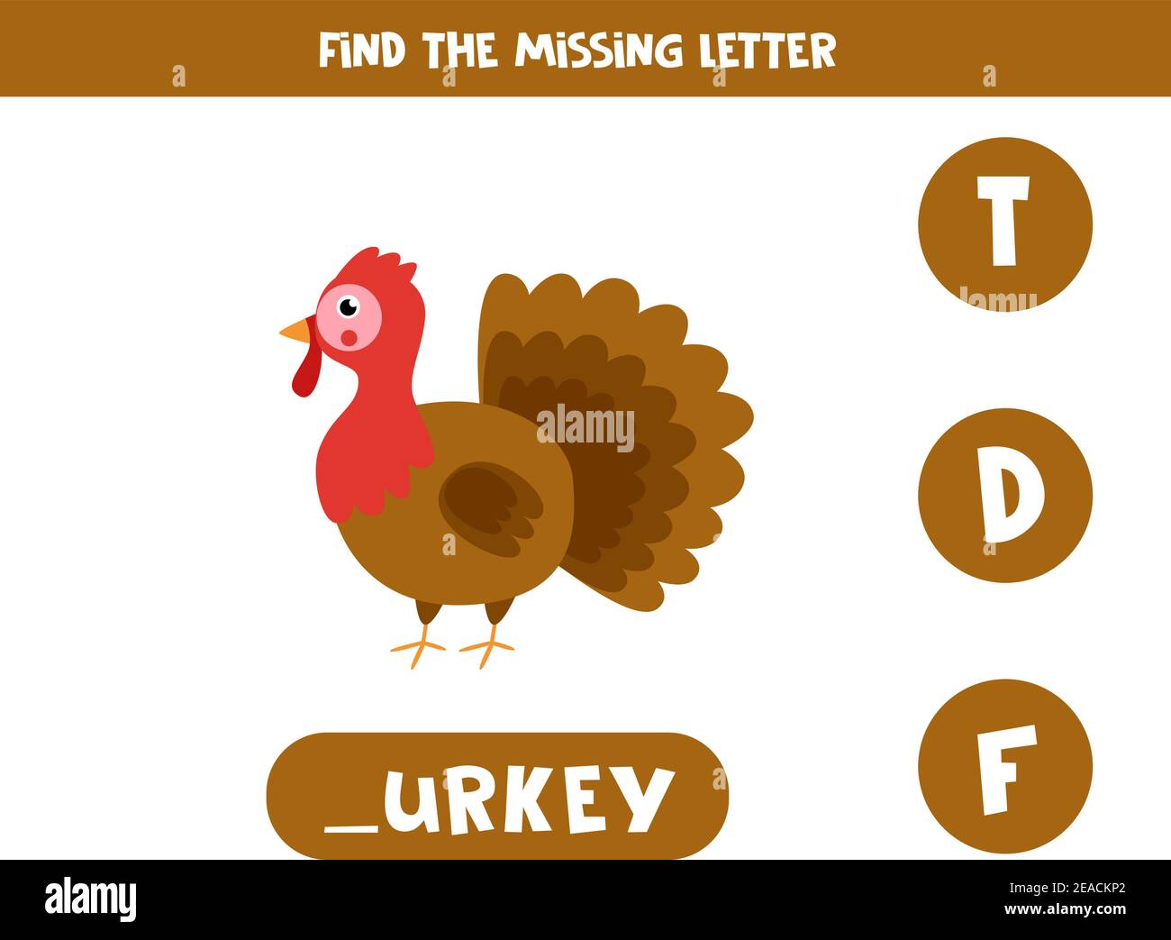 Find missing letter. Cute cartoon turkey bird. Educational spelling ...