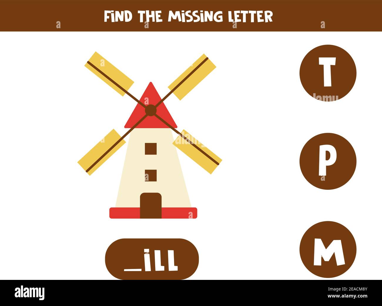 Find missing letter. Cartoon mill. Educational spelling game for kids ...