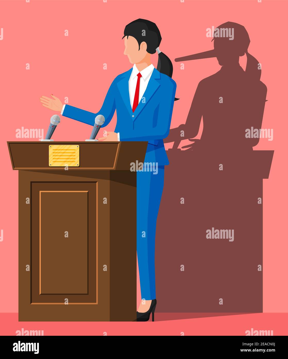 Businesswoman with long nose shadow on wall. Orator speaking from ...