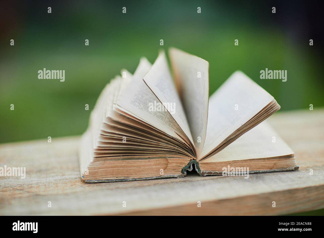 Open Book on a Wooden Table Outdoor on a blurred natural background ...
