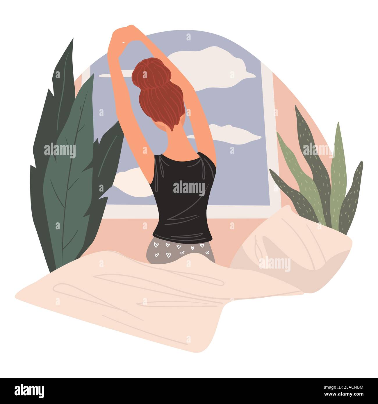 Woman waking up in morning, stretching female Stock Vector Image & Art ...