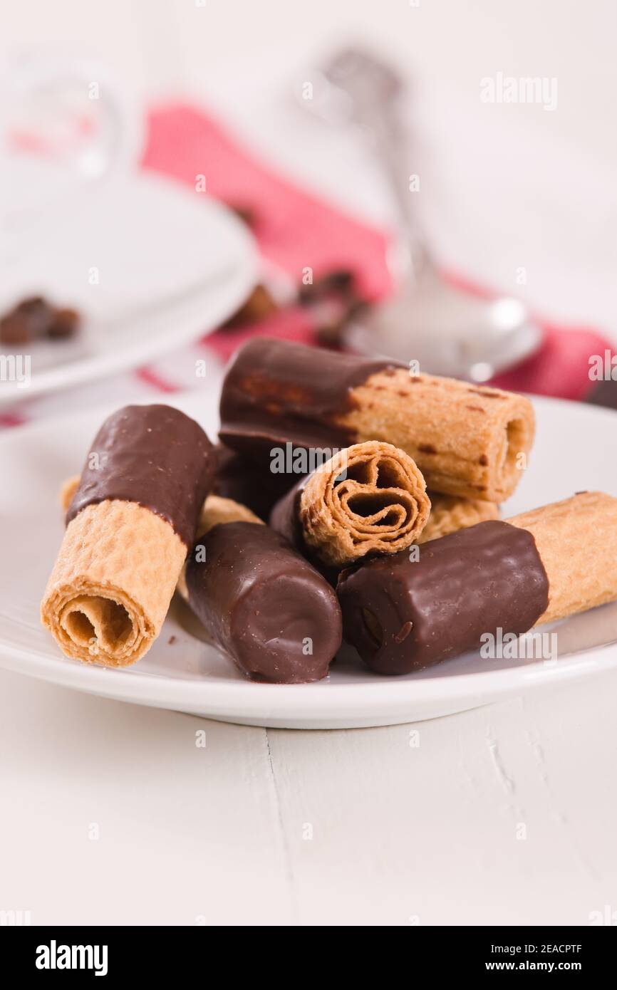 Chocolate wafer rolls Stock Photo - Alamy