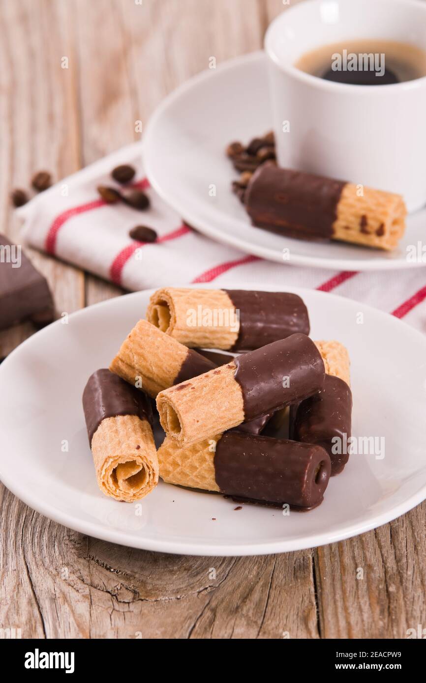 Chocolate wafer rolls Stock Photo - Alamy
