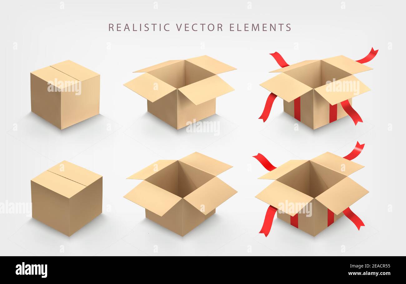 Collection of open and closed gift box surprise with red ribbon and ...