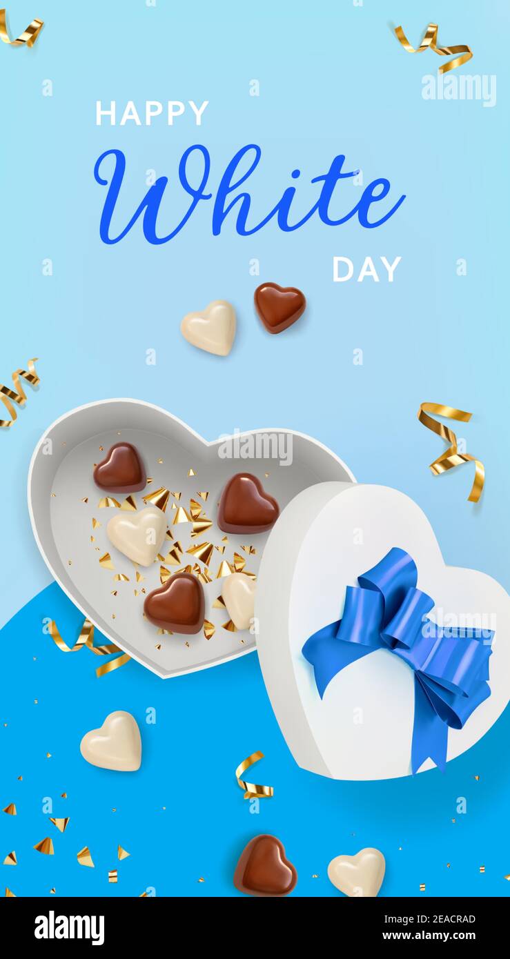 Happy White Day. White chocolate in white gift box shaped Heart on blue ...