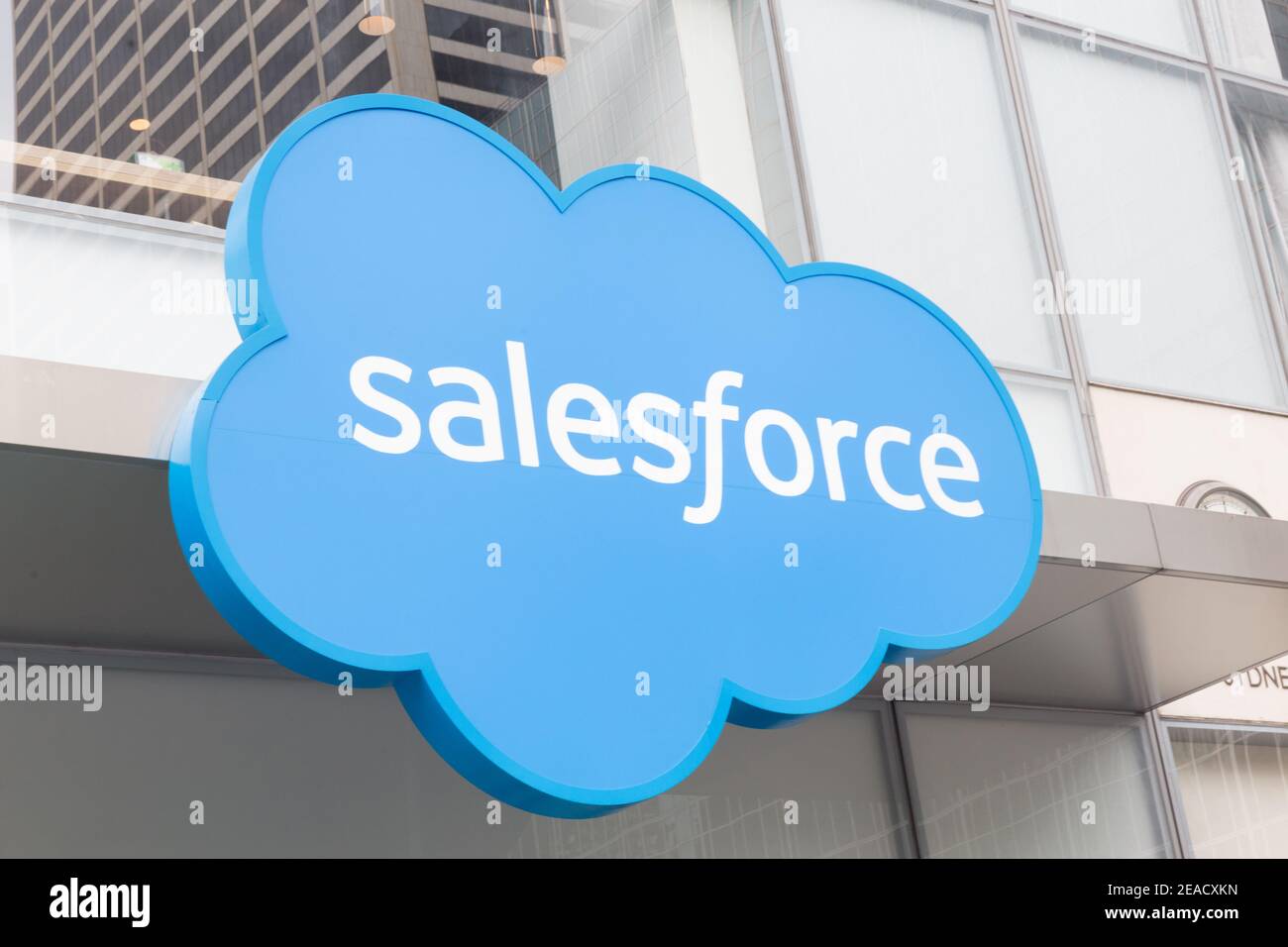 Sign for Salesforce tower over the entrance in Midtown Manhattan Stock ...