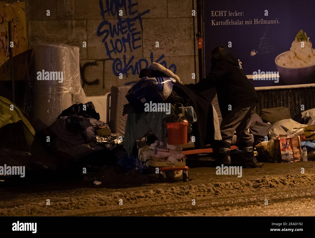 Berlin, Germany. 09th Feb, 2021. Homeless people have set up camp under ...