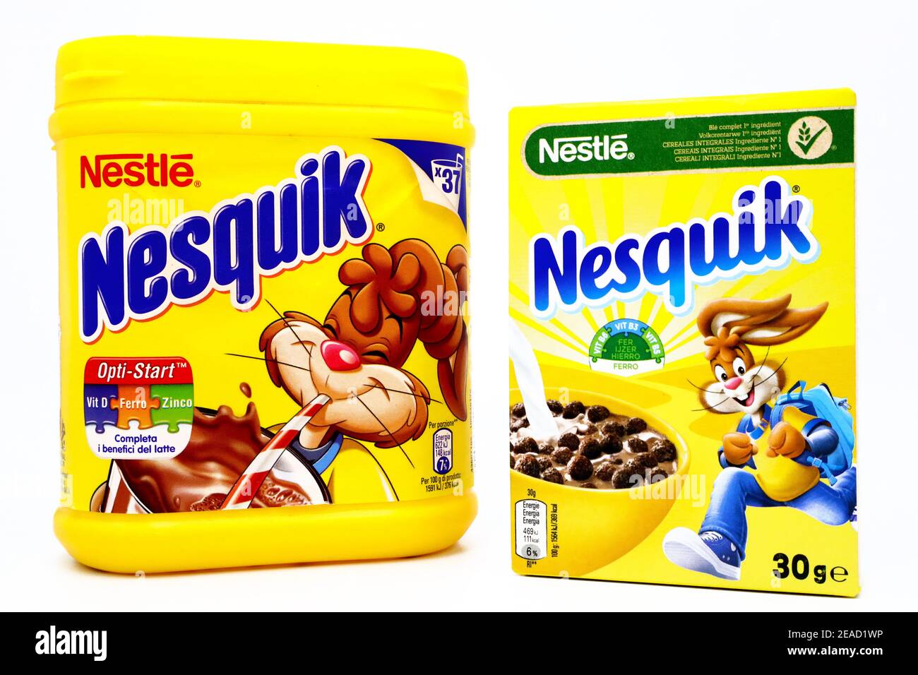 NESQUIK Chocolate Powder and NESQUIK Cereals box. Nesquik is a brand of ...
