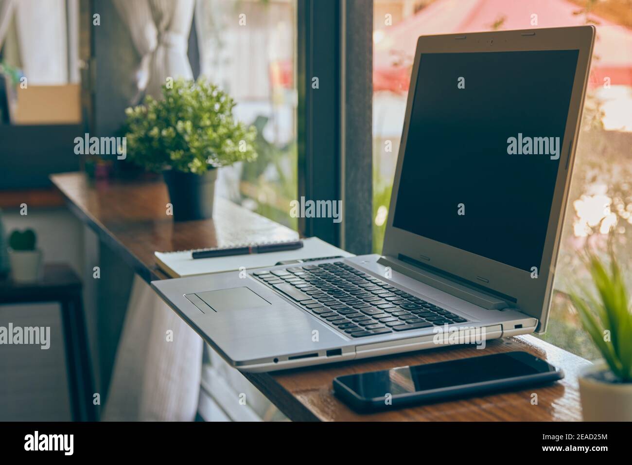 Laptop Computer and Smartphone and Office Plants and Notebook on Wood ...