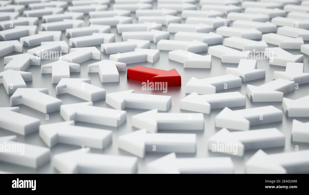 Red arrow stands out among white rotating arrows in helix form. 3D ...