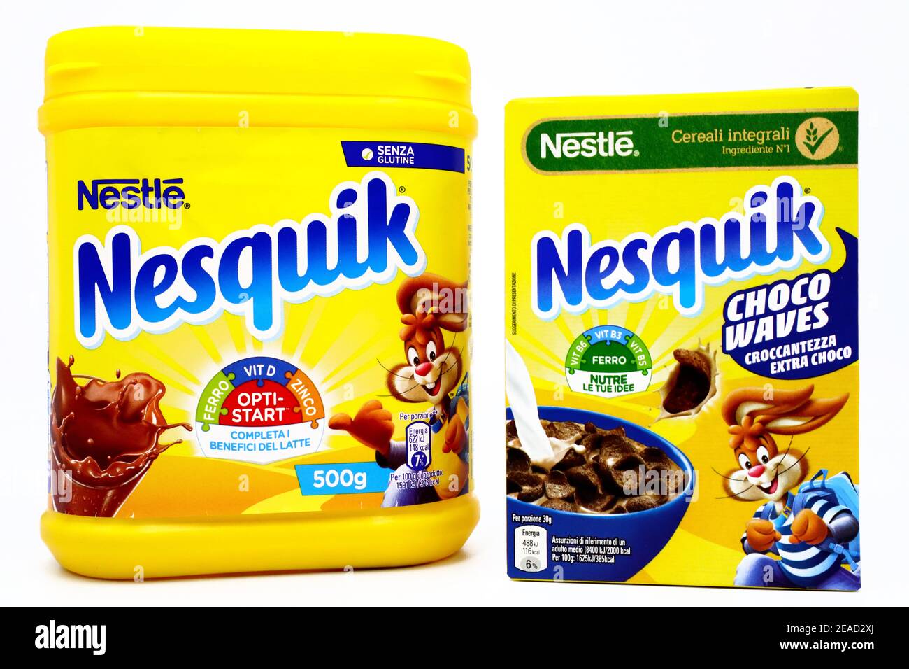 NESQUIK Chocolate Powder and NESQUIK Cereals box. Nesquik is a brand of ...