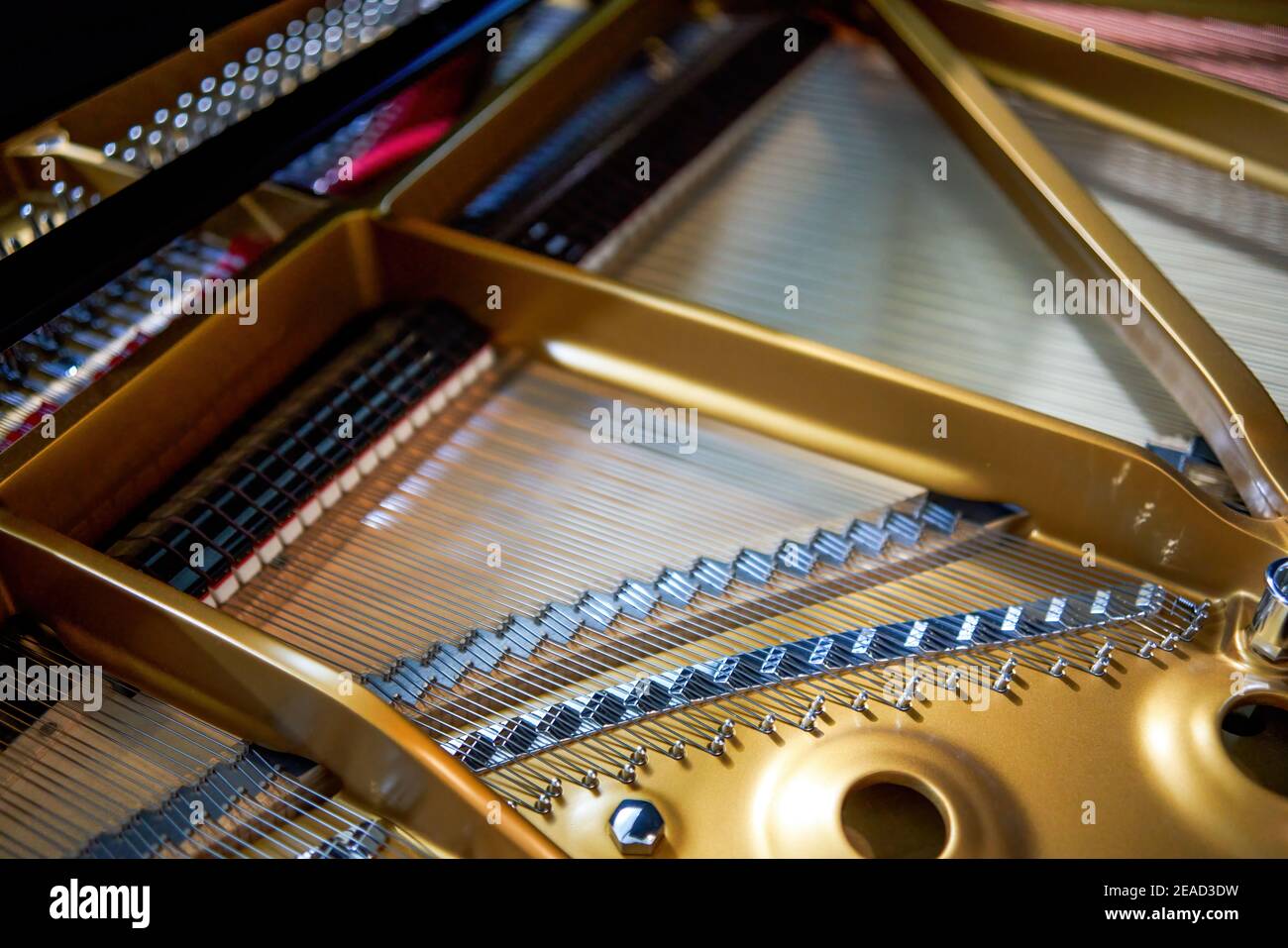 A close-up of the internal string structure of a top grand piano Stock ...