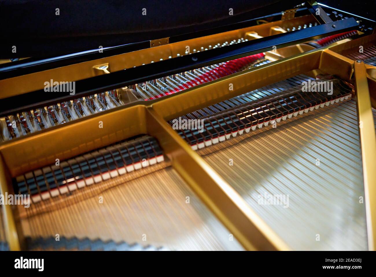 A close-up of the internal string structure of a top grand piano Stock ...