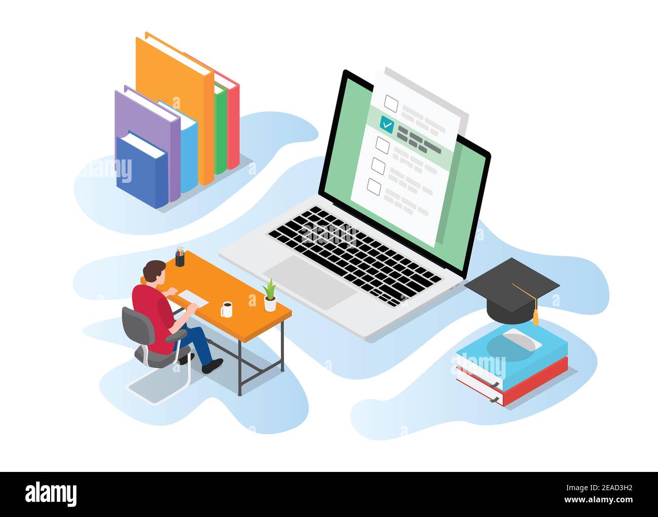 online or live test exam with people study on computer on the desk ...