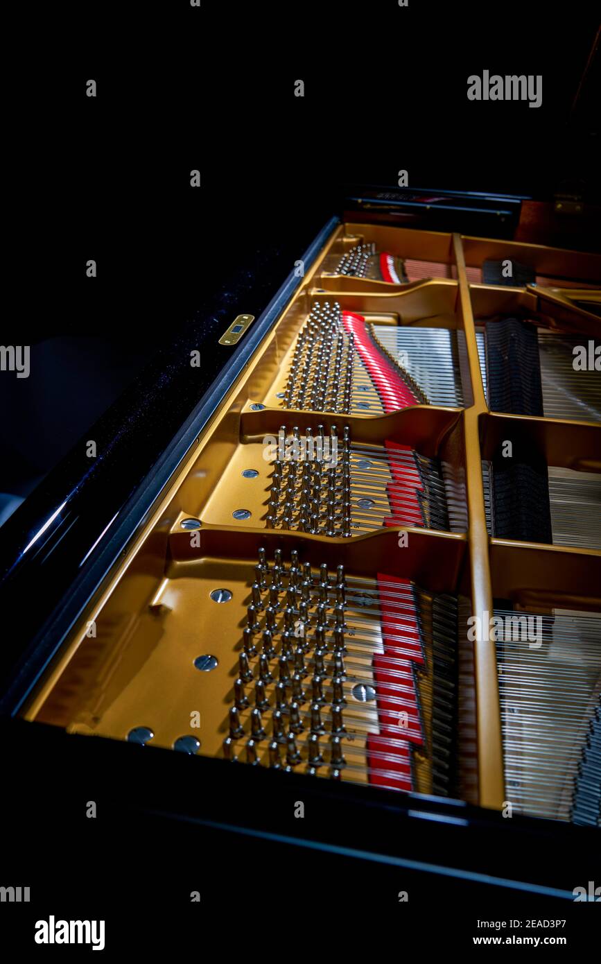 A close-up of the internal string structure of a top grand piano Stock ...