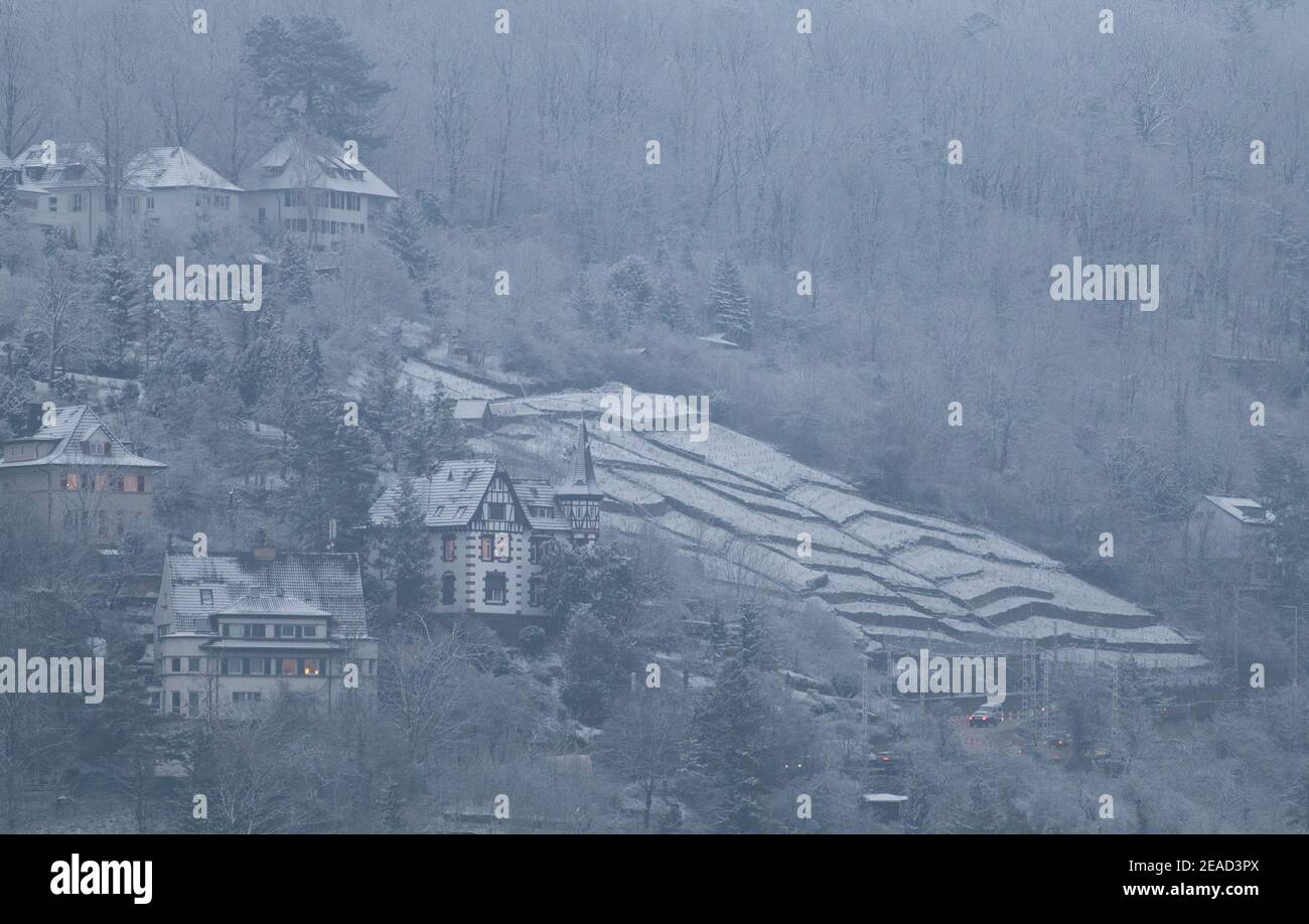 Stuttgart, Germany. 09th Feb, 2021. Snow lies on a vineyard on the edge ...