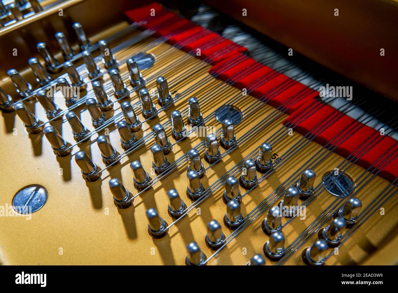 A close-up of the internal string structure of a top grand piano Stock ...