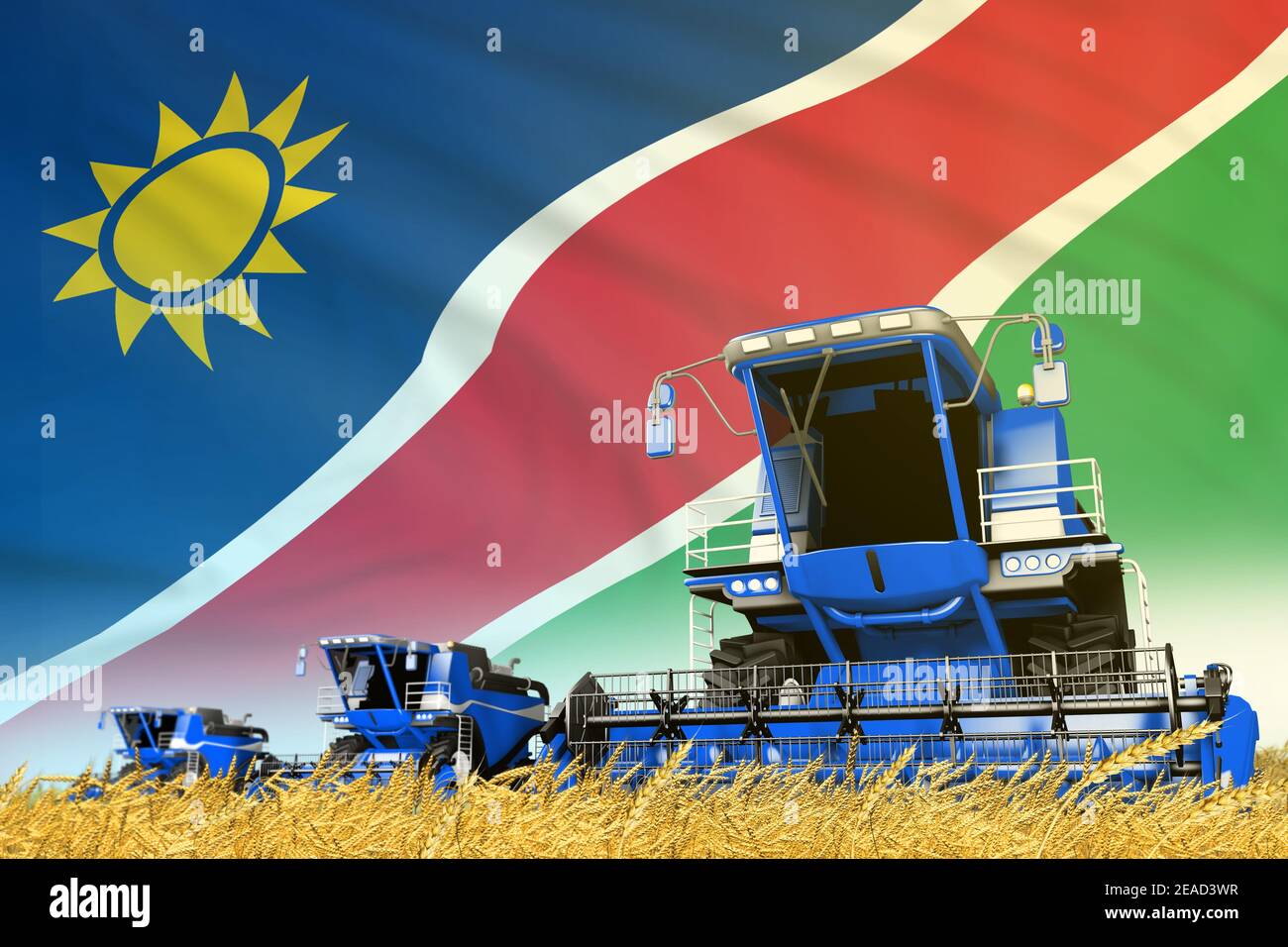 blue grain agricultural combine harvester on field with Namibia flag ...