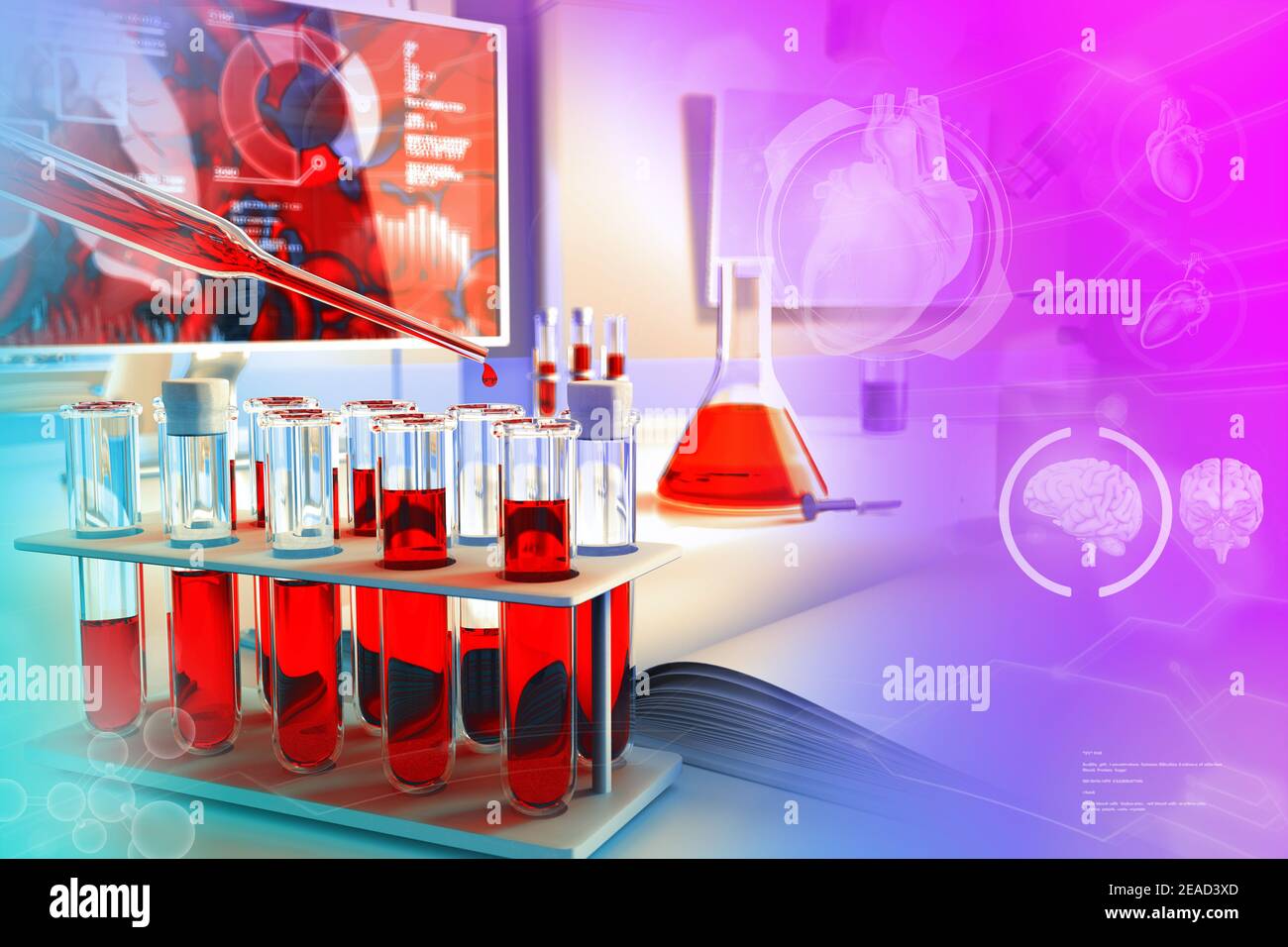 Medical 3D illustration, test tubes vials in research office - blood ...