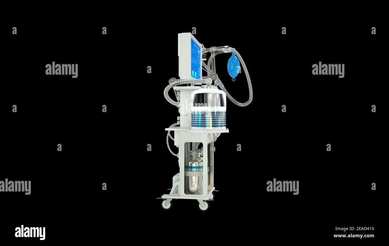 ICU medical ventilator renders isolated on black, healthcare 3d ...