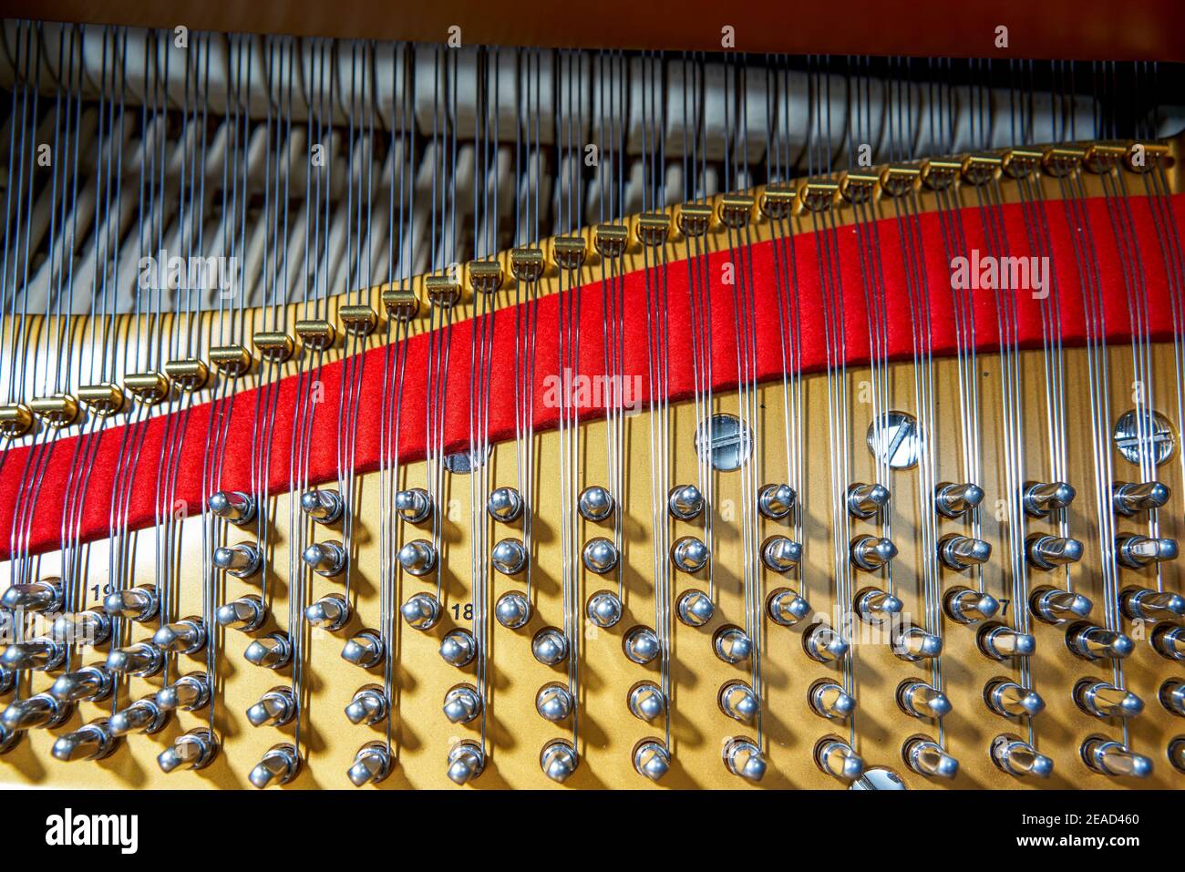 A close-up of the internal string structure of a top grand piano Stock ...