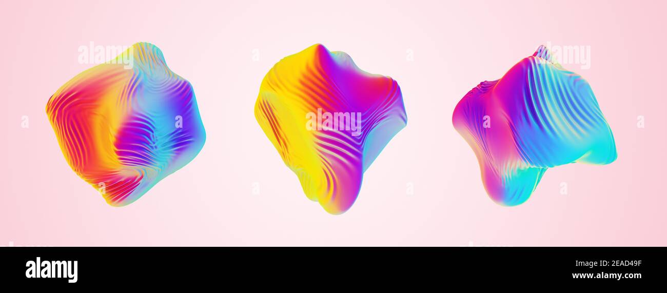 Set of iridescent abstract wavy sphere objects. Colorful ultraviolet ...