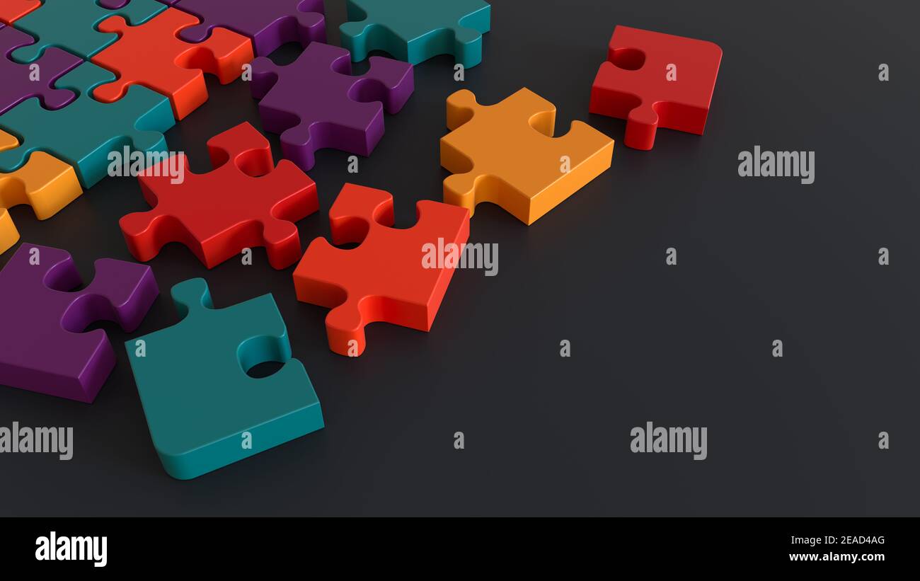 Colorful puzzle pieces isolated on dark background. 3d illustration ...