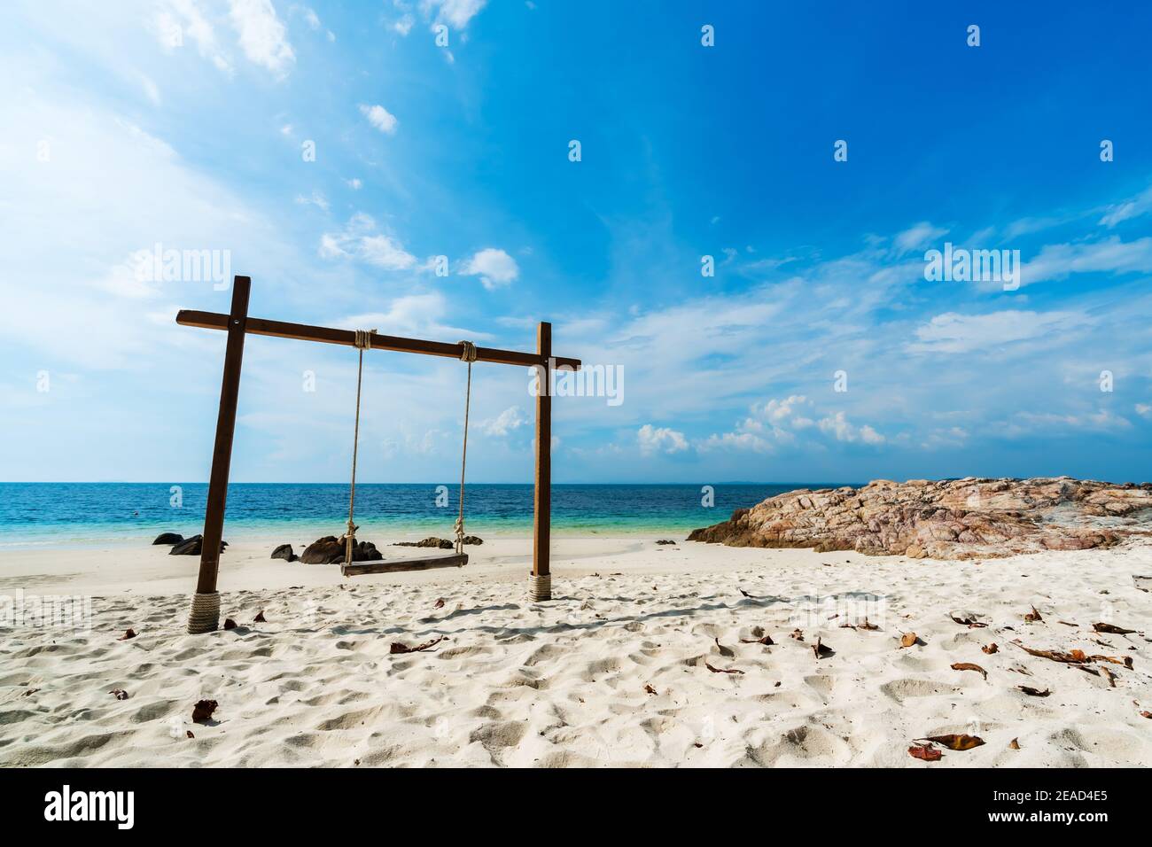 wooden swing on the sea beach at Koh MunNork Island, Rayong, Thailand ...
