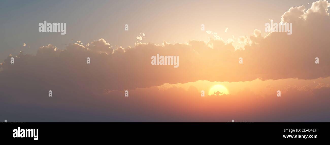 Sky with clouds 3d illustration. Setting Sun. Sunset Stock Photo - Alamy