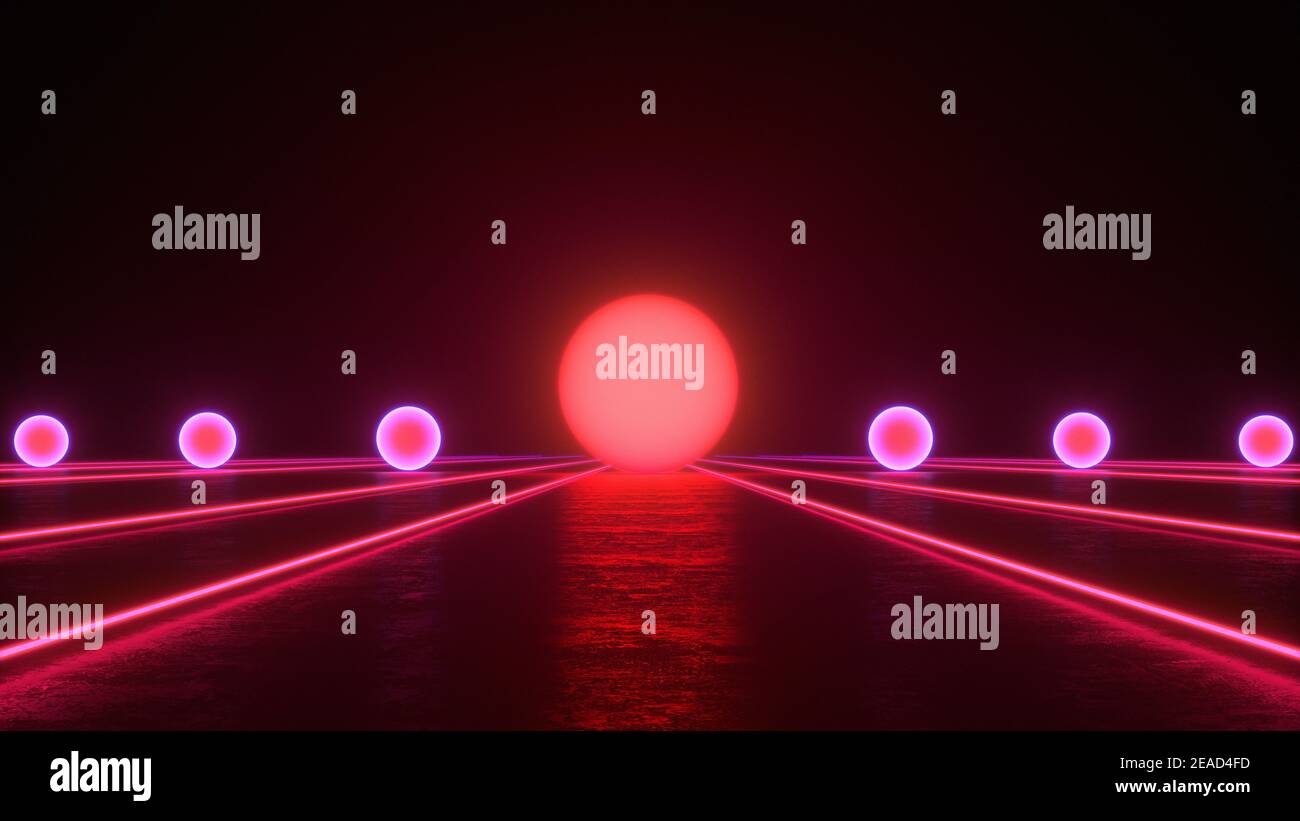 Glowing red neon spheres with reflections on ground, lights, abstract ...