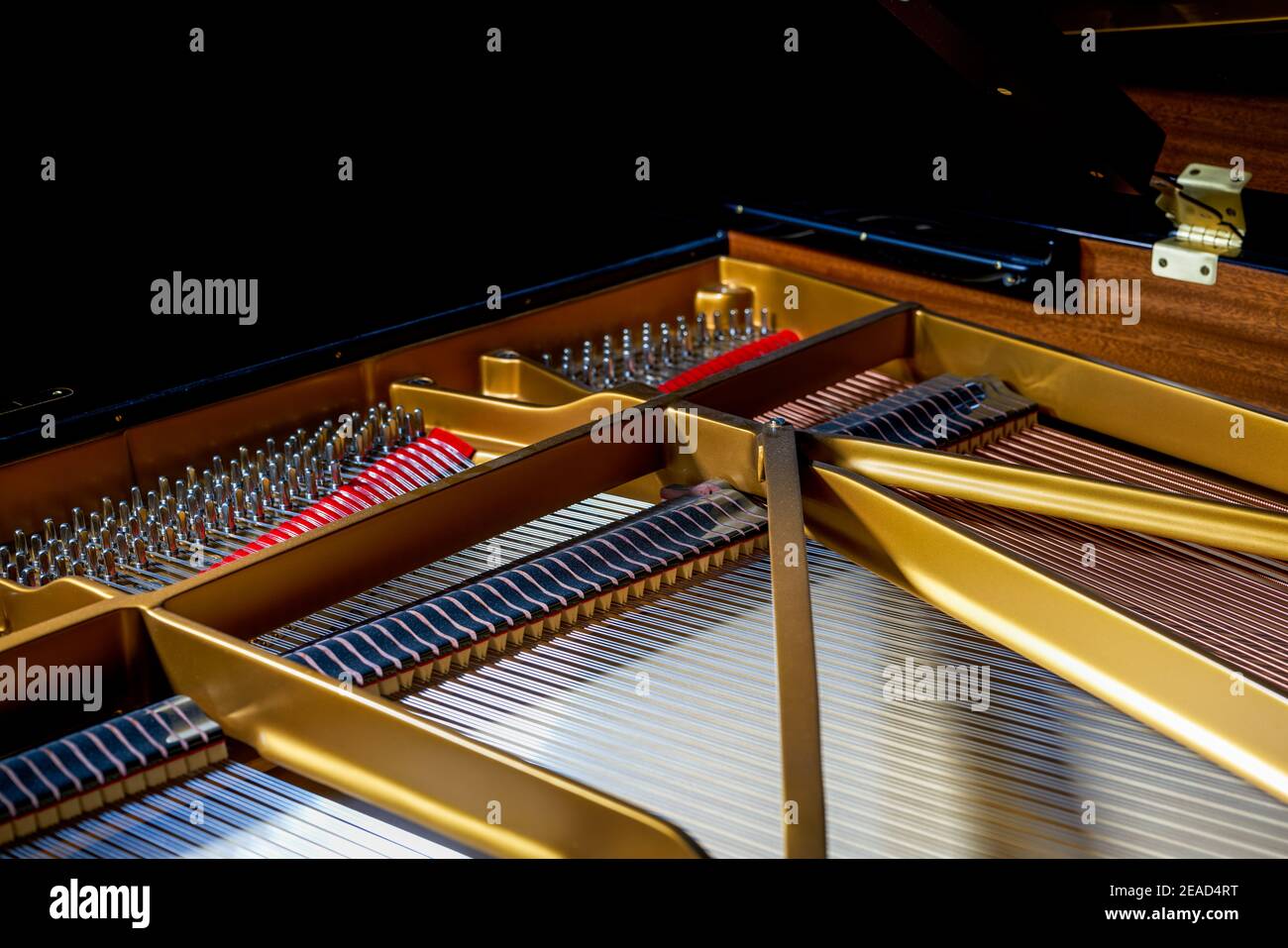 A close-up of the internal string structure of a top grand piano Stock ...