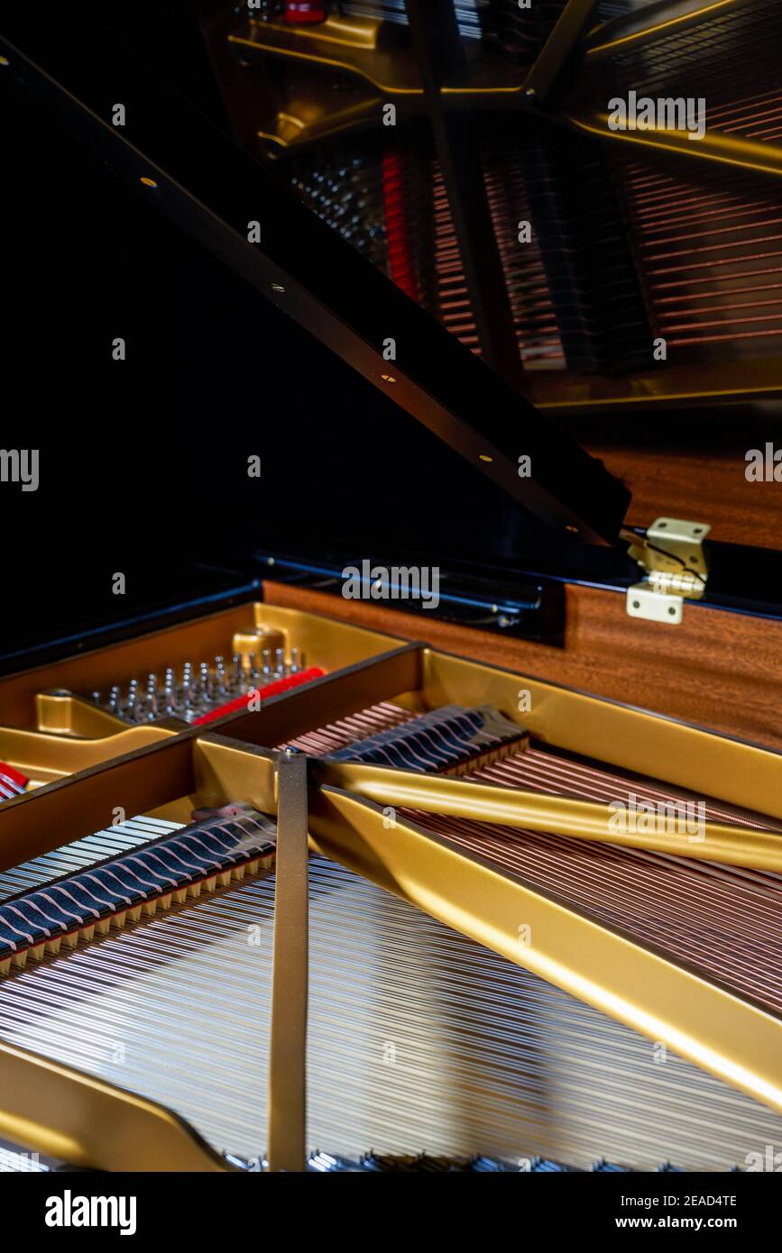 A close-up of the internal string structure of a top grand piano Stock ...