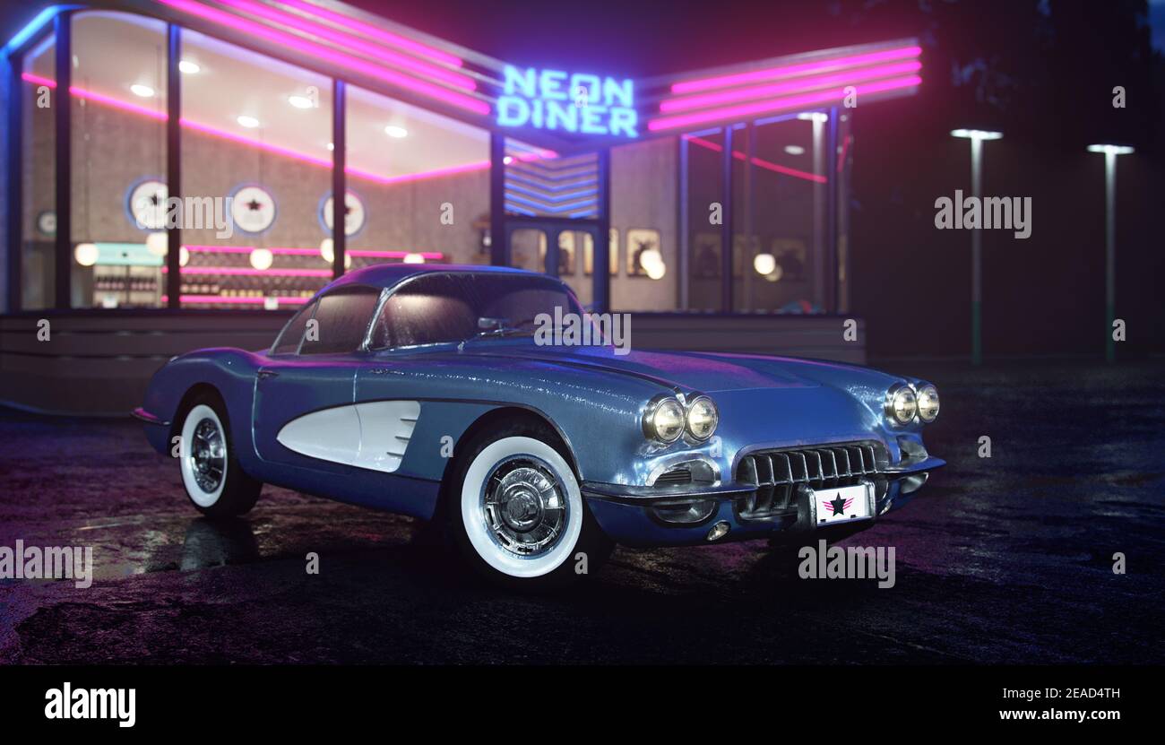 Neon diner and retro car late at night. Fog, rain and colour ...