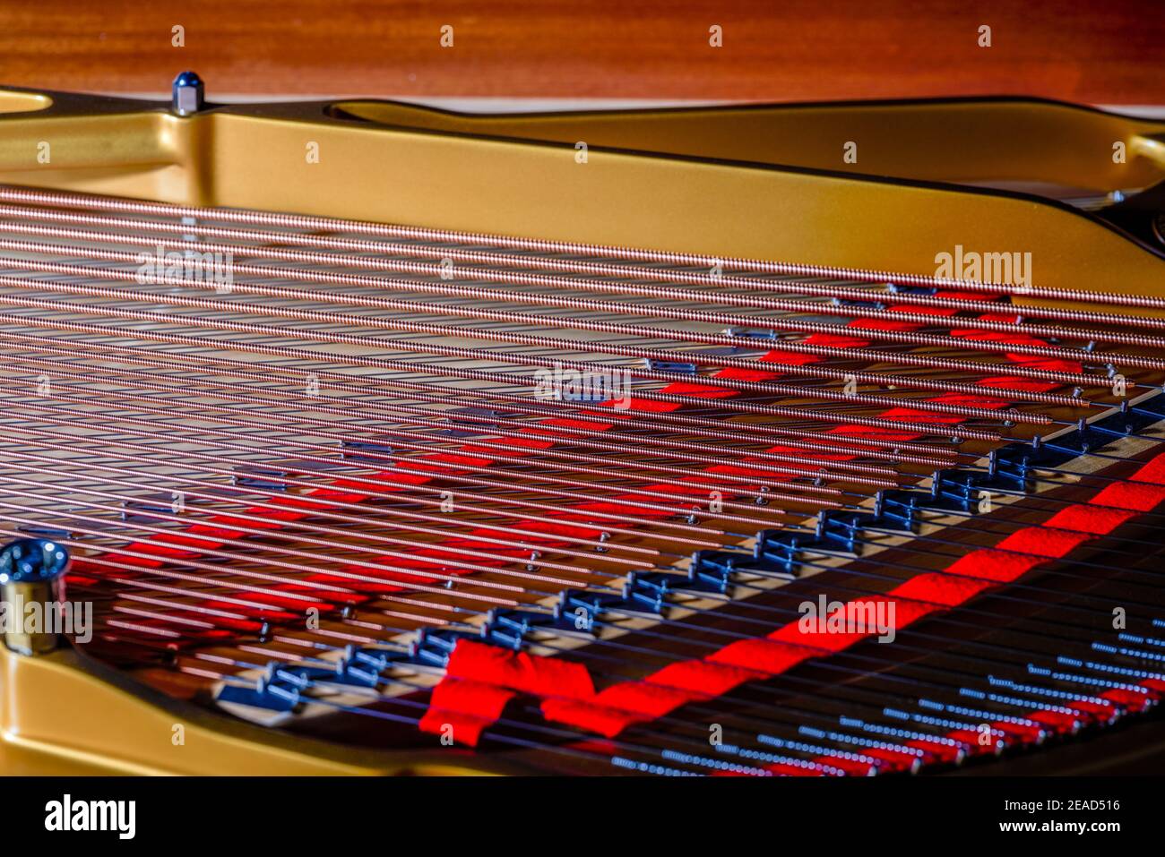 A close-up of the internal string structure of a top grand piano Stock ...