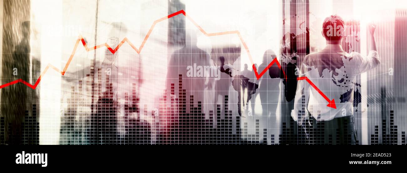 Chart with red down arrow on abstract background. Falling growth in ...
