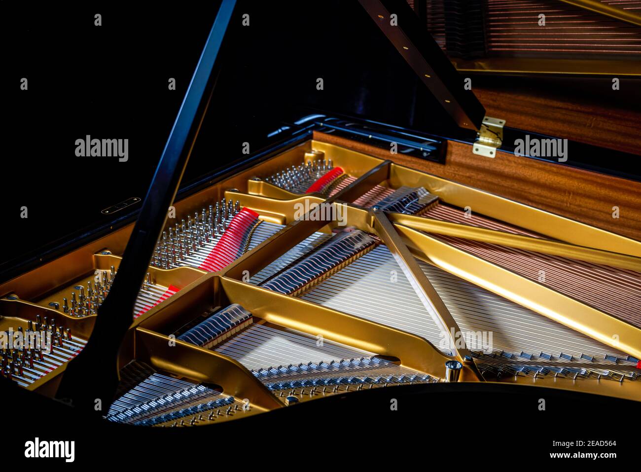 A close-up of the internal string structure of a top grand piano Stock ...