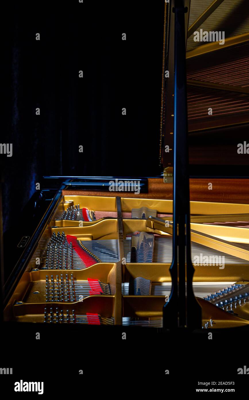 A close-up of the internal string structure of a top grand piano Stock ...