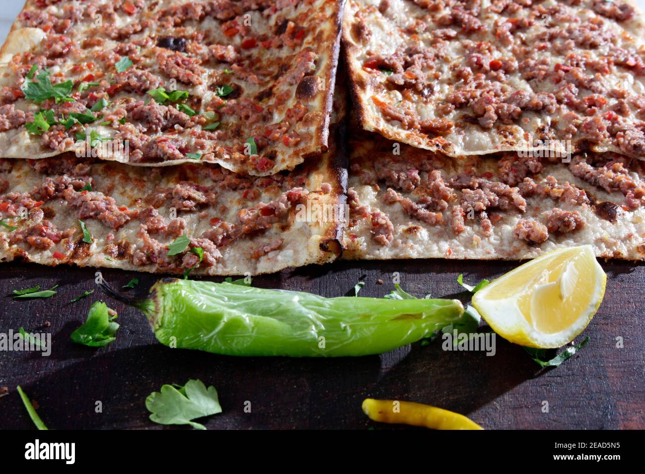 Turkish traditional minced meat pide. Turkish pizza, Etliekmek Stock ...