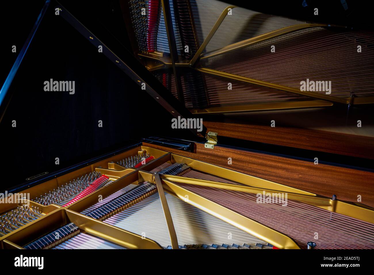 A close-up of the internal string structure of a top grand piano Stock ...