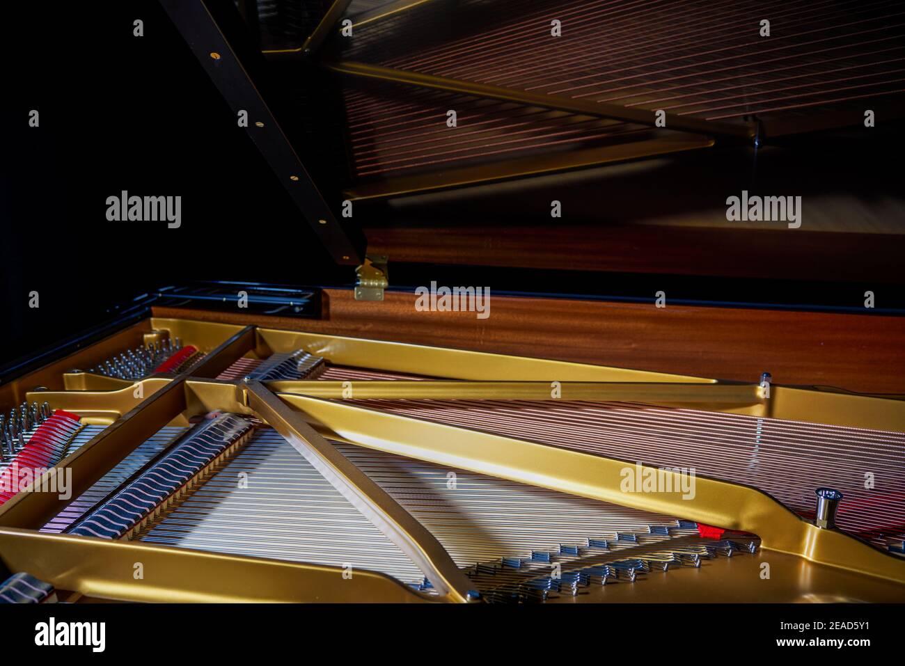 A close-up of the internal string structure of a top grand piano Stock ...